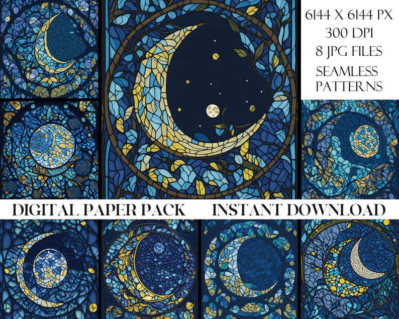 Stained Glass Moon Tiles Digital Paper Set Printable Seamless Textures ...