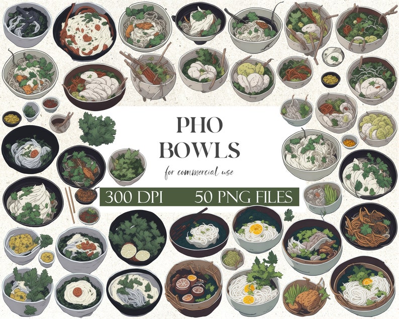 Pho Bowls Drawings Clipart Pack | Digital Art for Food Lovers ...