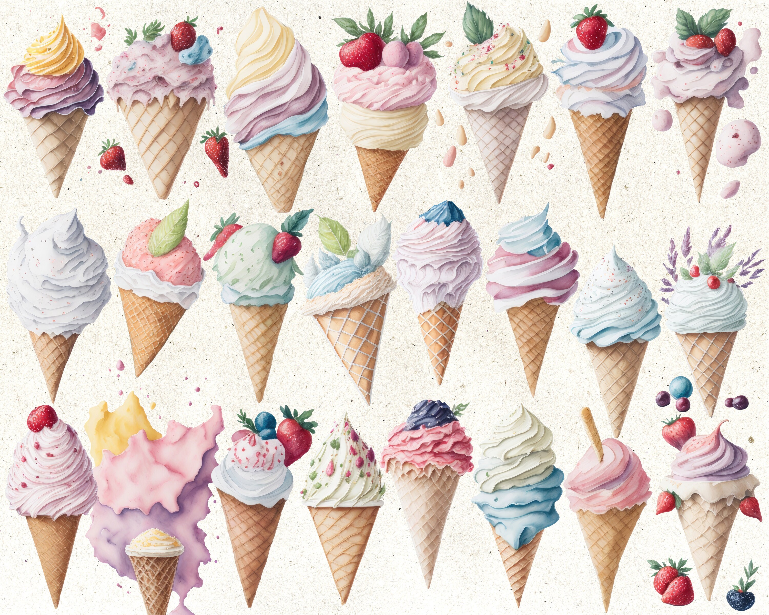 Ice Cream Watercolor Clipart Pack | Dessert Illustrations | Sweet ...
