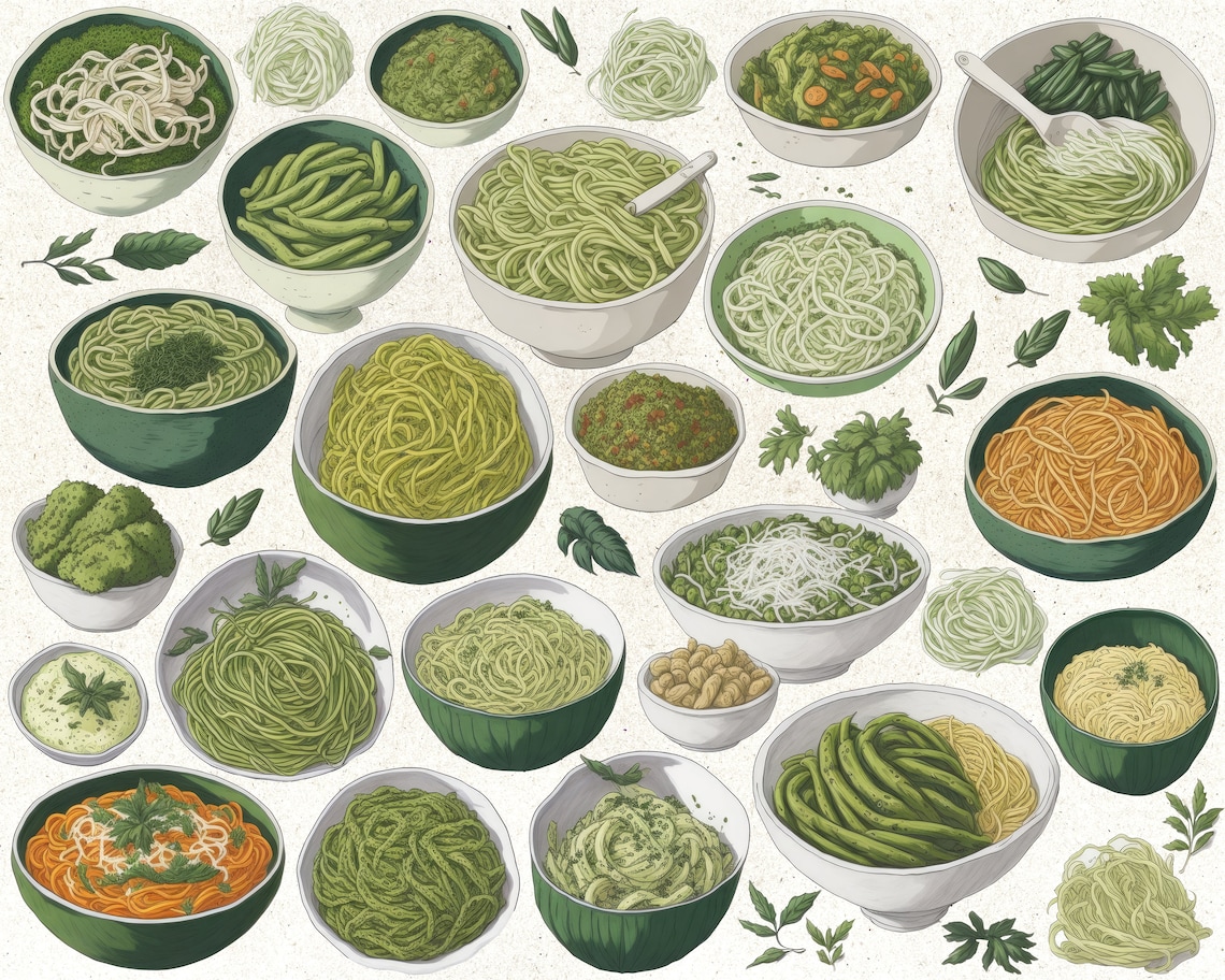 Pesto Pasta Bowls Drawings Clipart Pack | Italian Cuisine Artwork ...