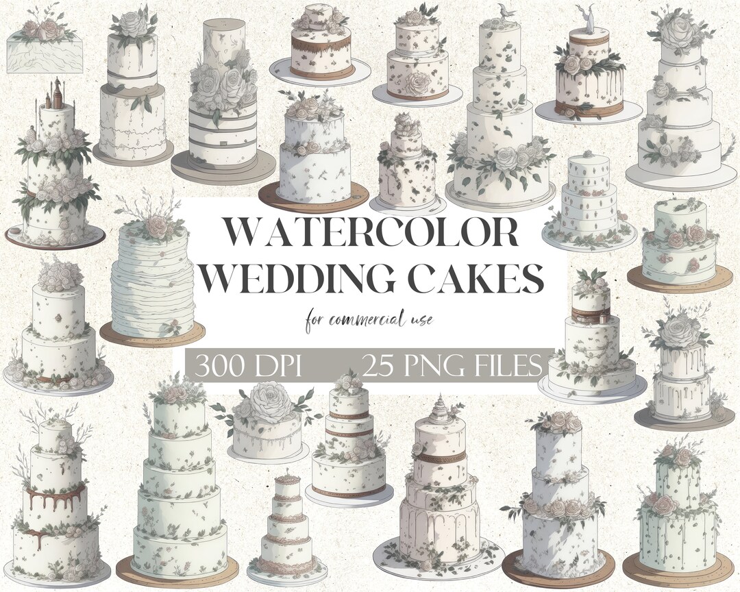 Watercolor Wedding Cakes Clipart Pack | 25 PNG | Illustrations for ...