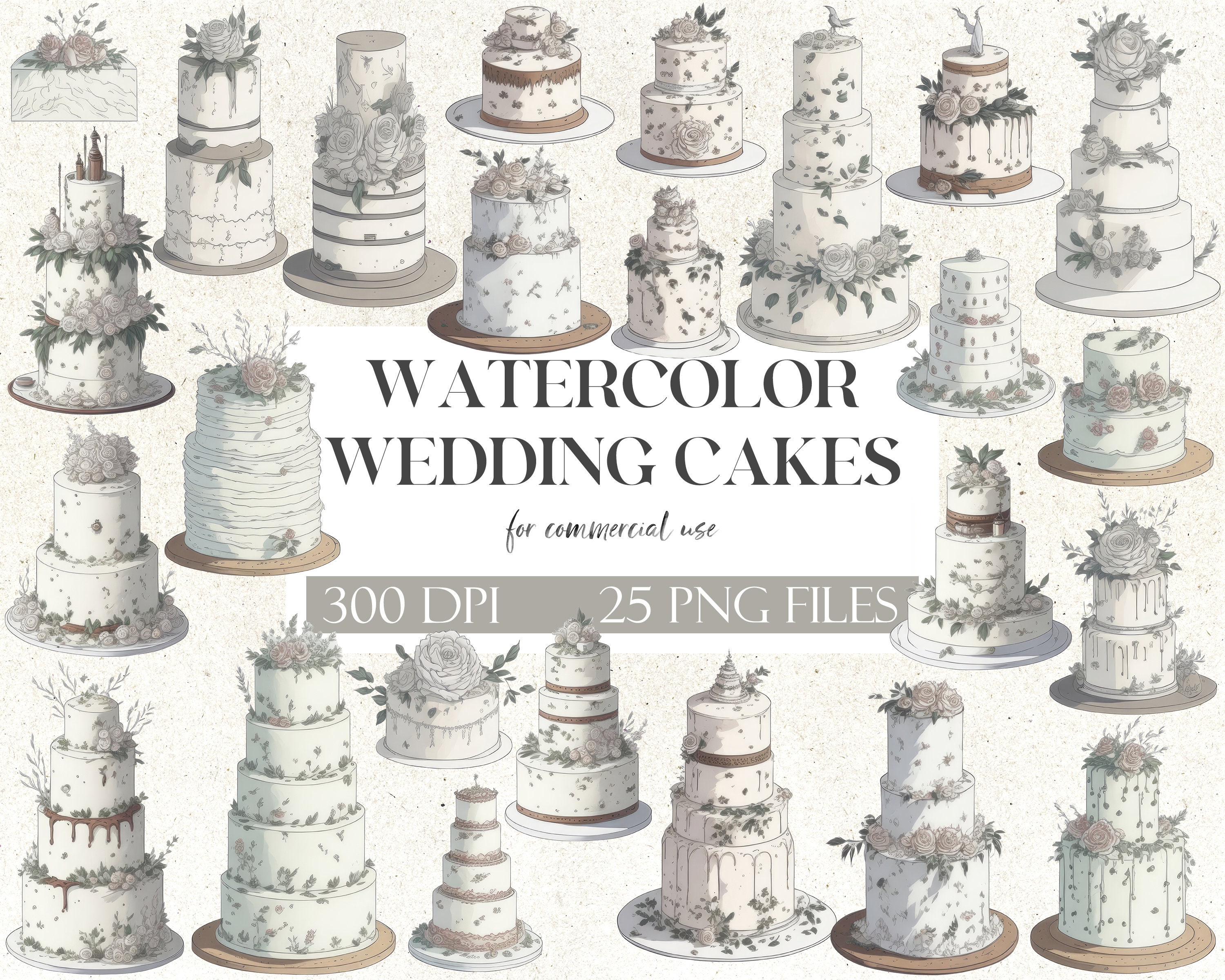 Watercolor Wedding Cakes Clipart Pack | 25 PNG | Illustrations for ...