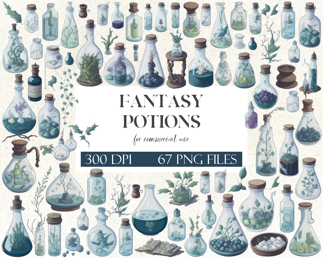Fantasy Potions Drawings Clipart Pack | Magical Elixirs for Fantasy ...