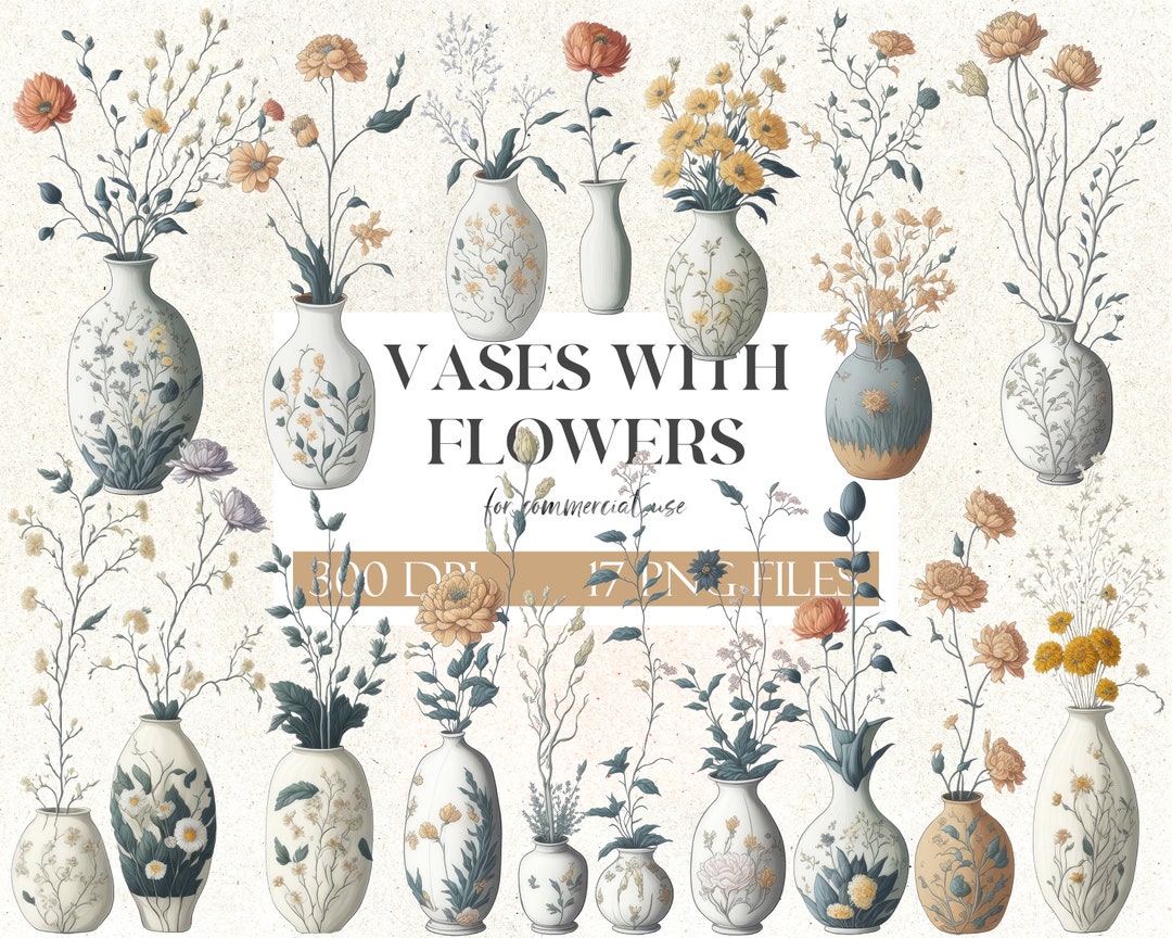 Vases With Flowers Clipart Pack | Boho Floral Graphics | Elegant Floral ...