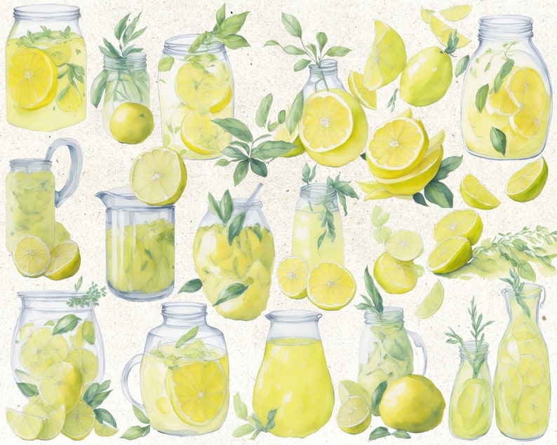 Watercolor Lemonade Clipart Pack Summer Drinks Illustrations Refreshing ...