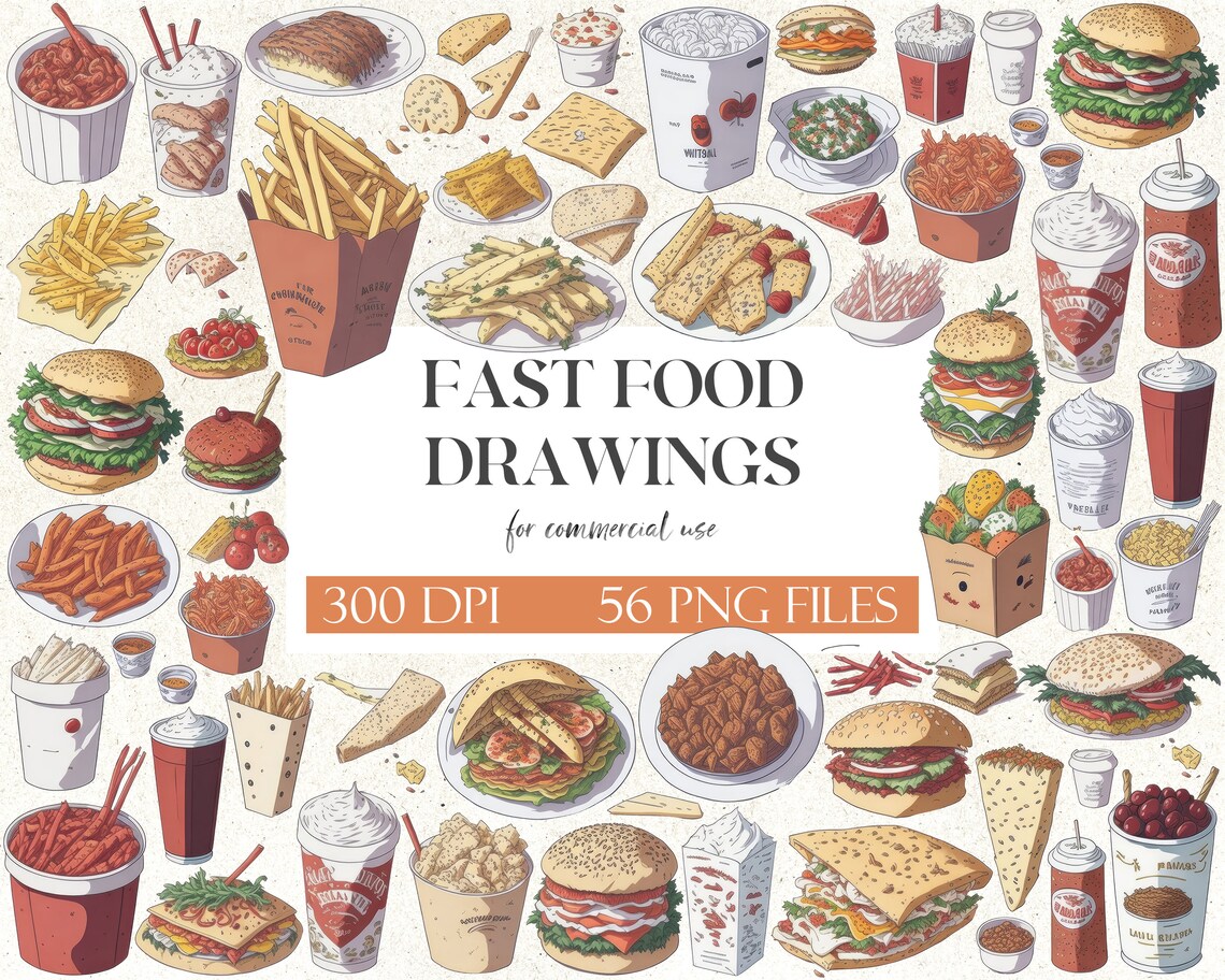 Fast Food Doodles Clipart Pack | 56 PNG | Digital Art for Creative ...