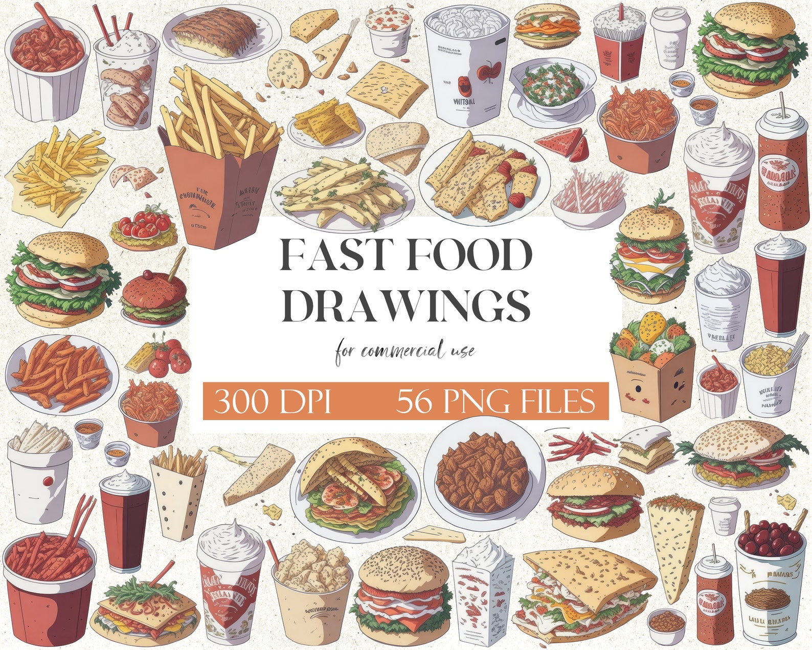 Fast Food Doodles Clipart Pack | 56 PNG | Digital Art for Creative ...