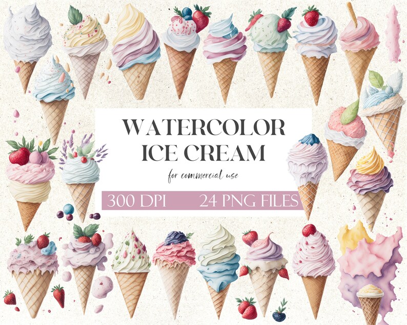 Ice Cream Watercolor Clipart Pack | Dessert Illustrations | Sweet ...