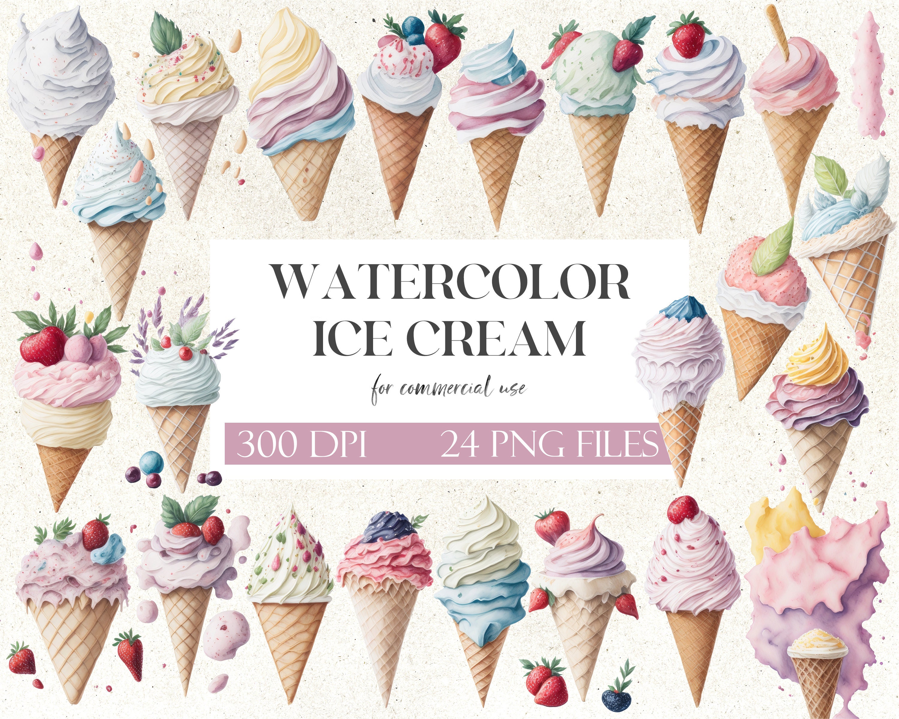 Ice Cream Watercolor Clipart Pack | Dessert Illustrations | Sweet ...