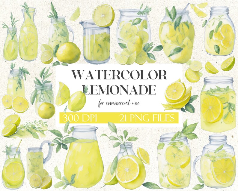 Watercolor Lemonade Clipart Pack Summer Drinks Illustrations Refreshing ...