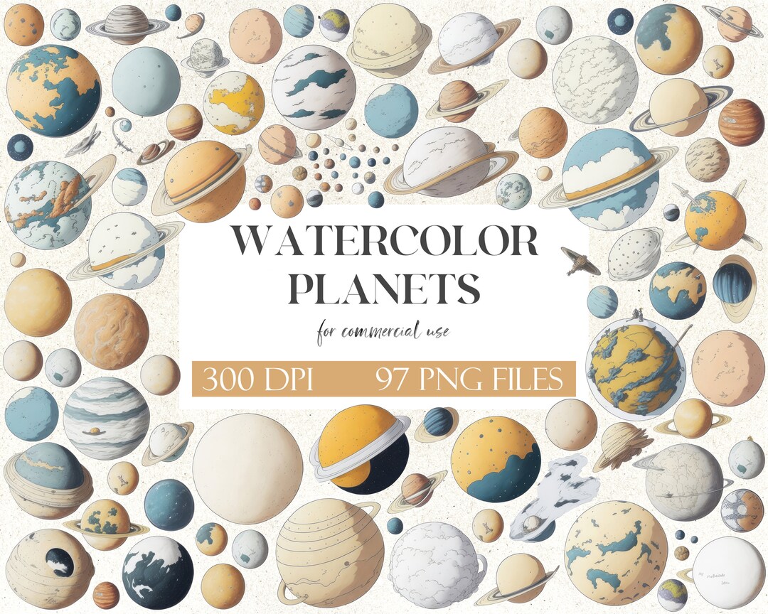 Watercolor Planets Clipart Pack | 97 PNG | Cosmic Art Prints for ...