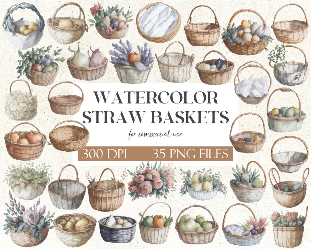 Watercolor Straw Baskets Clipart Pack | Magical and Whimsical Digital ...