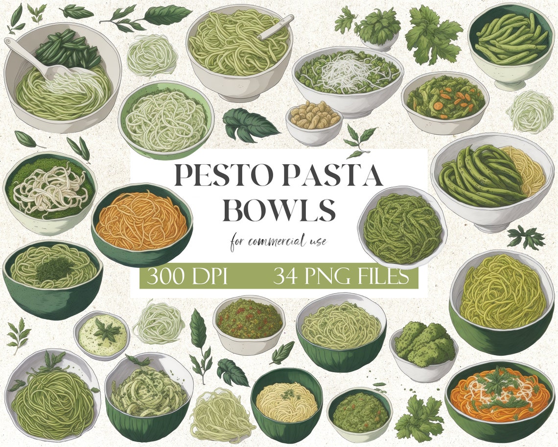 Pesto Pasta Bowls Drawings Clipart Pack | Italian Cuisine Artwork ...