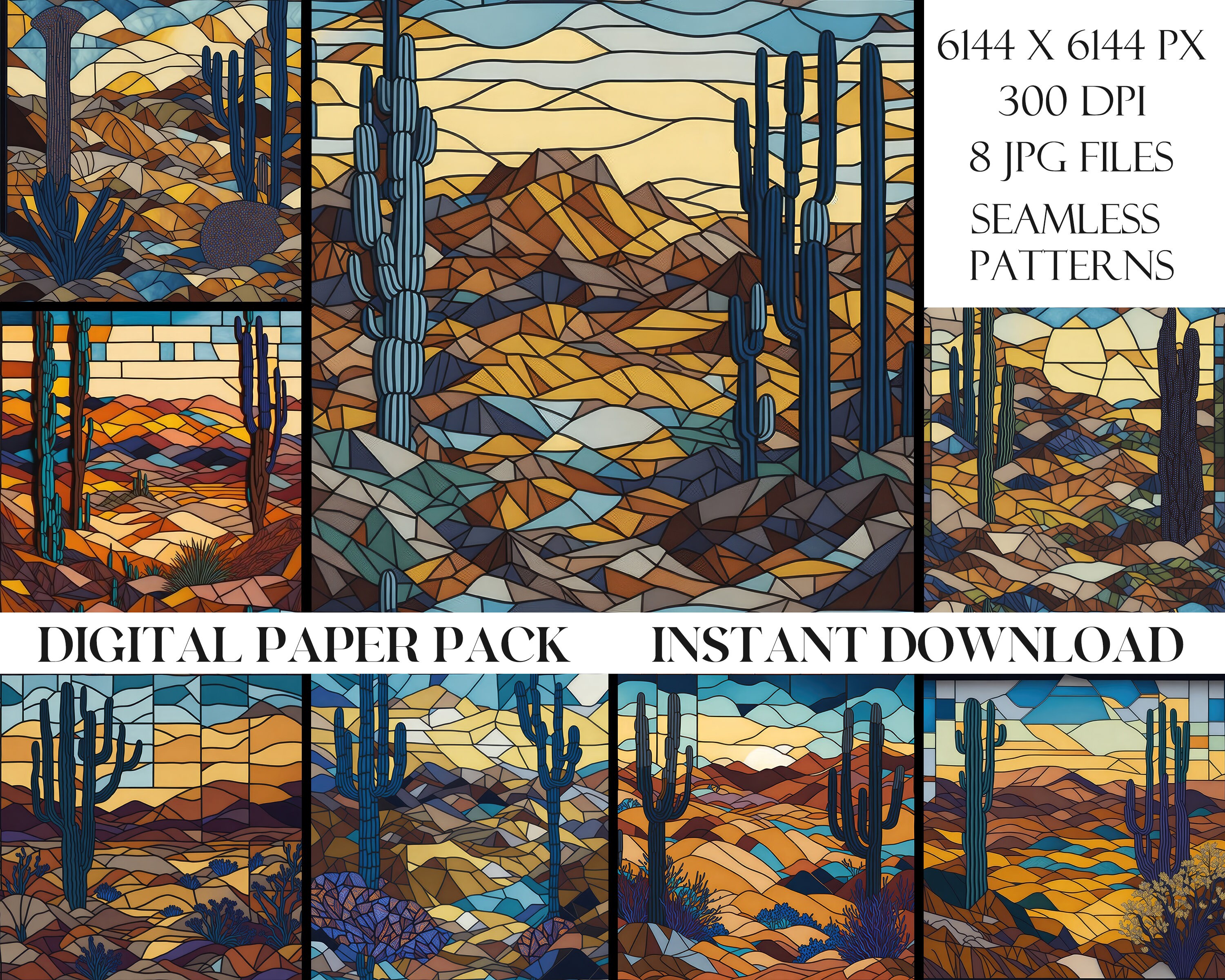 Stained Glass Desert Landscape Tiles Digital Paper Set | Printable ...