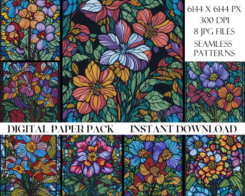 Stained Glass Flower Bouquets Tiles Digital Paper | Printable Seamless ...
