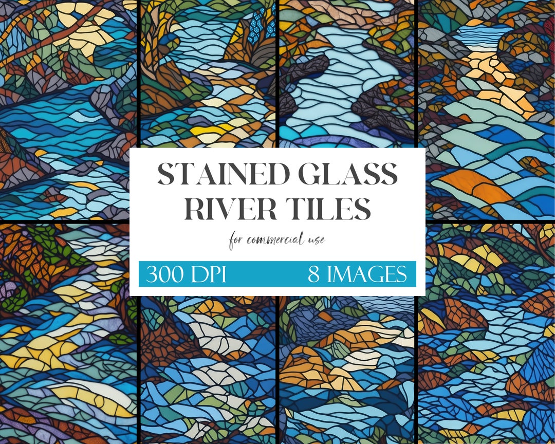 Stained Glass River Tiles Digital Paper Set Printable Seamless Textures ...