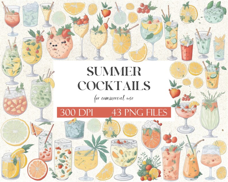 Summer Cocktails Drawings Clipart Pack | Refreshing Tropical Drinks ...