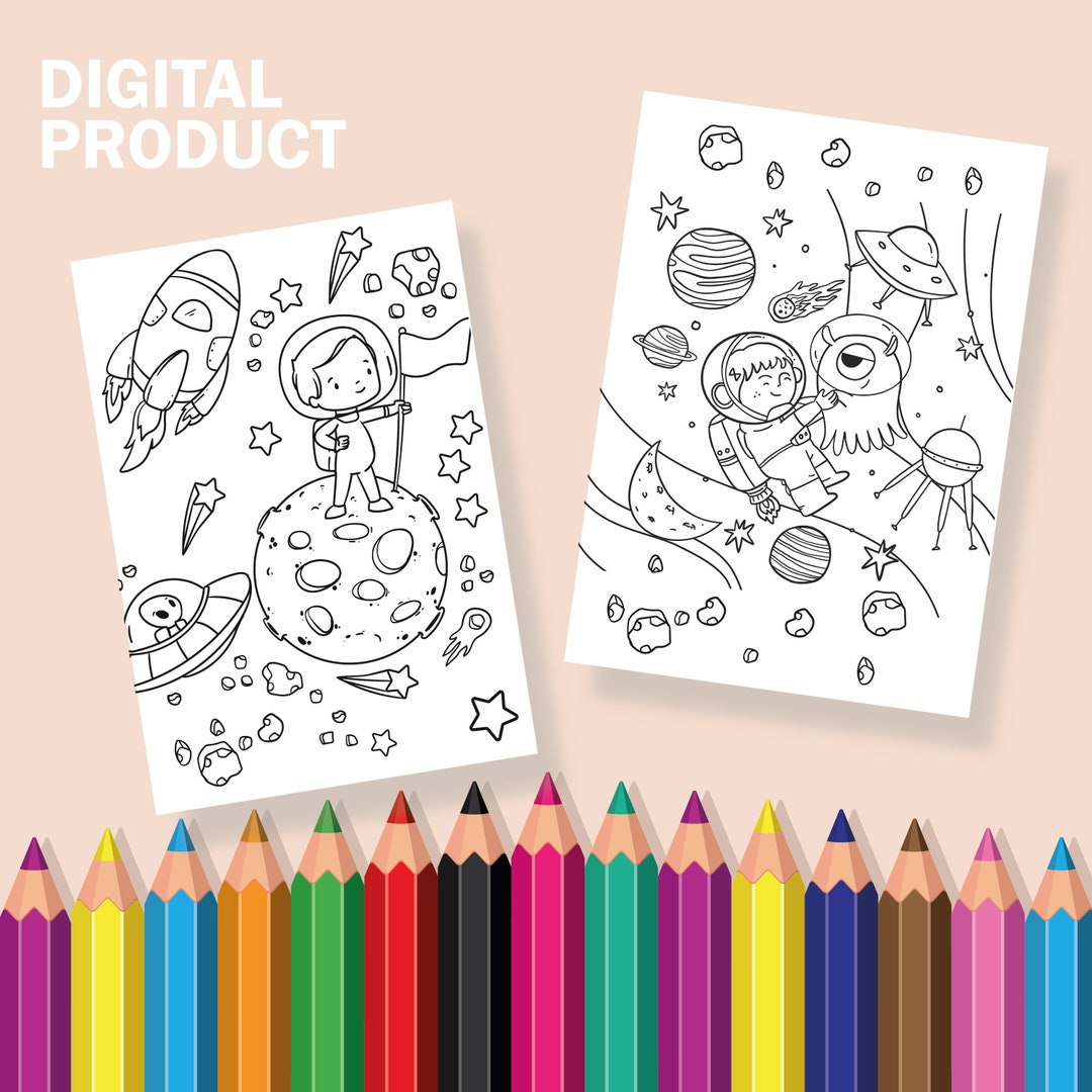2 Printable Coloring Pages, Little Boy in Space With Rockets, Fun Kids ...