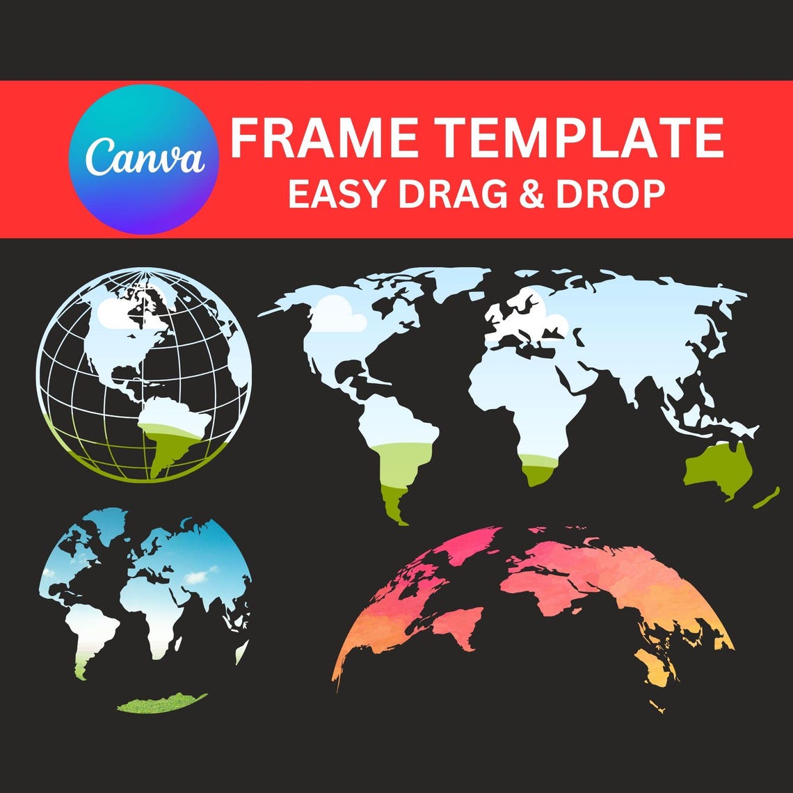 World Map on Canva, Editable CANVA Frame Template, Easy Drag and Drop ...
