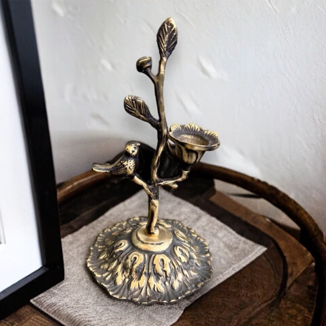 Brass Candle Holder With Spring Branch & Bird Figure, Artisan Crafted ...