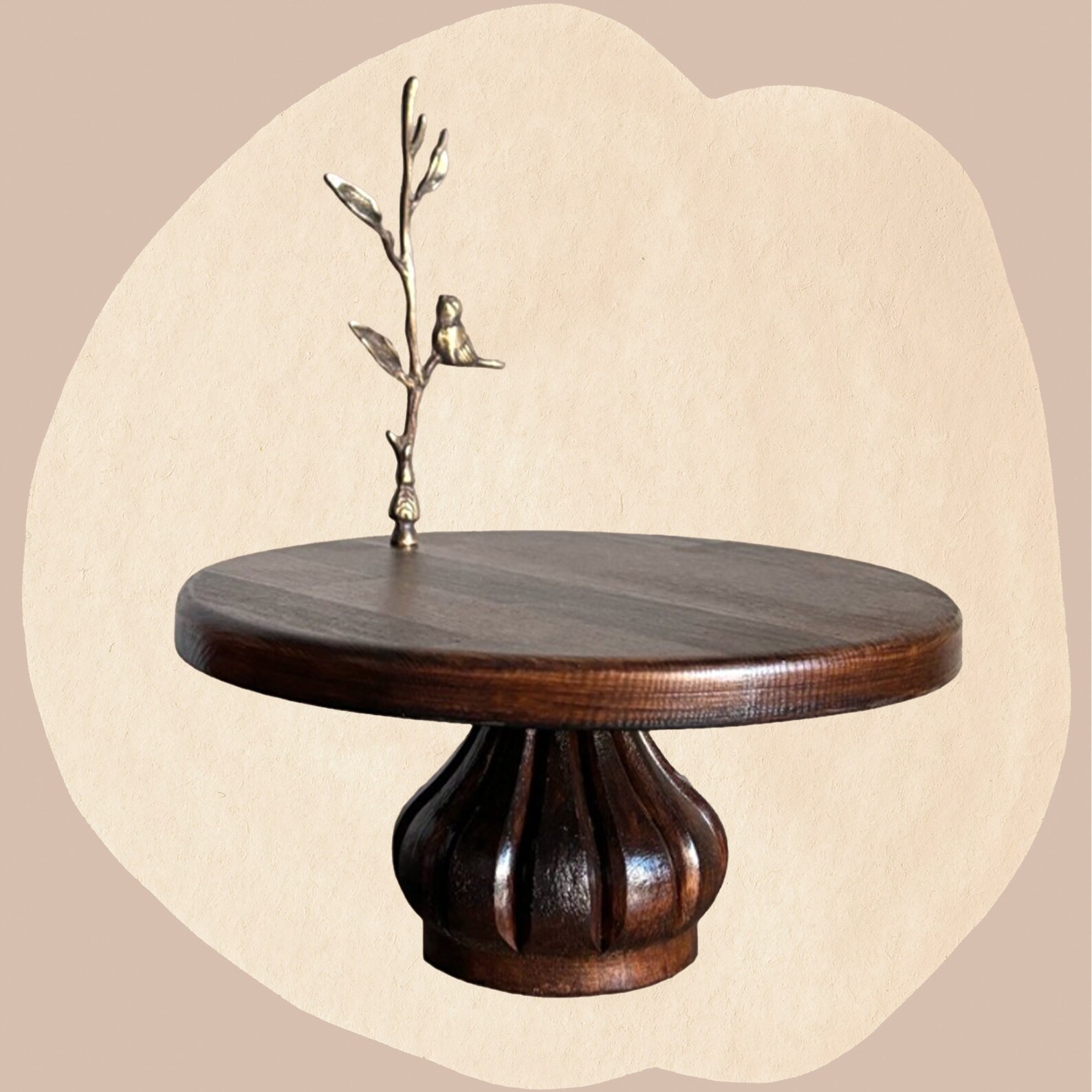 Rustic Wooden Pedestal Serving Stand - Brass Bird Detail, Perfect for ...
