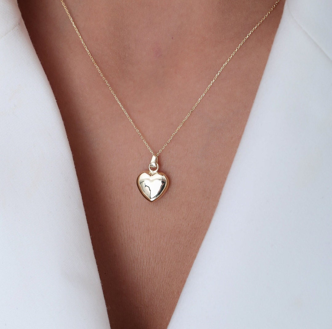 Gift Shiny Puffed Gold Heart Necklace-14k Real Gold Heart for Women ...