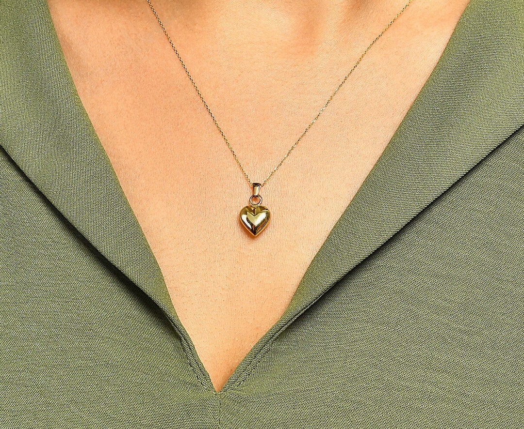 Gift Shiny Puffed Gold Heart Necklace-14k Real Gold Heart for - Etsy