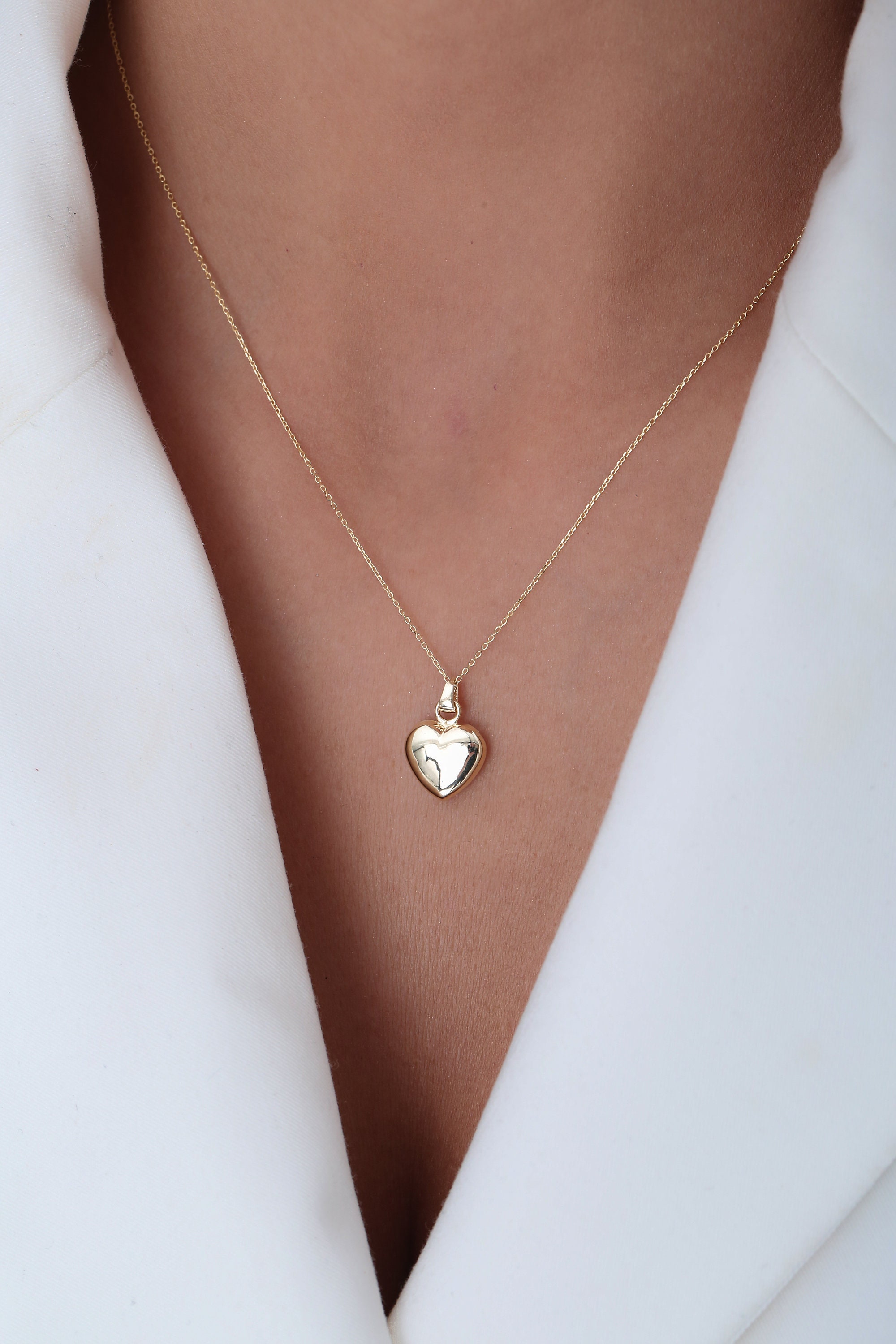 Gift Shiny Puffed Gold Heart Necklace-14k Real Gold Heart for Women ...