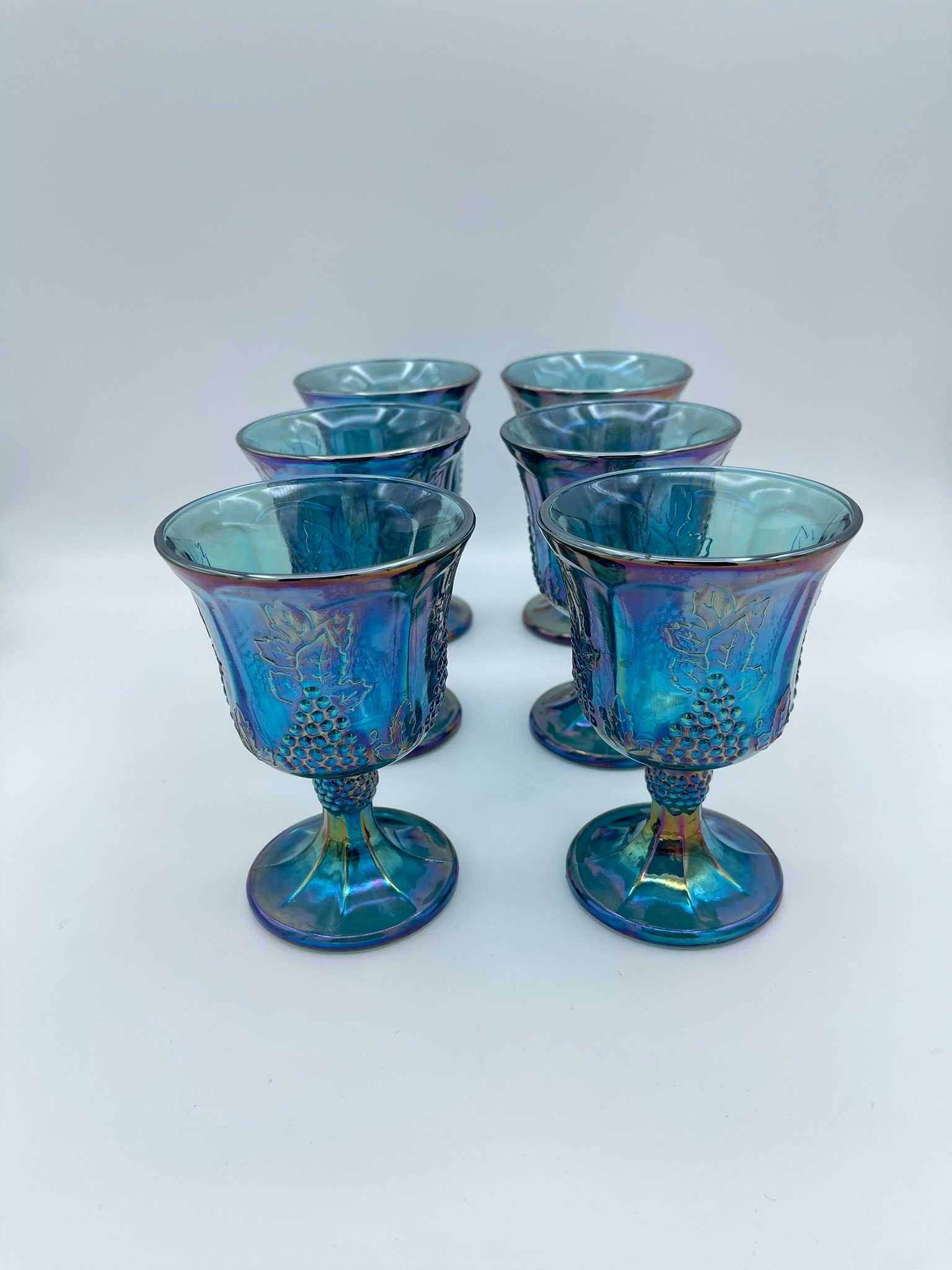 Set of 6 Blue Carnival Glass Goblets. Vintage Indiana Harvest Grape ...