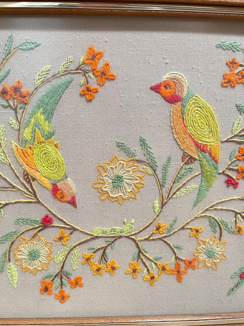 Framed Crewel Birds and Flowers, Vintage Needlework, Floral Crewelwork ...