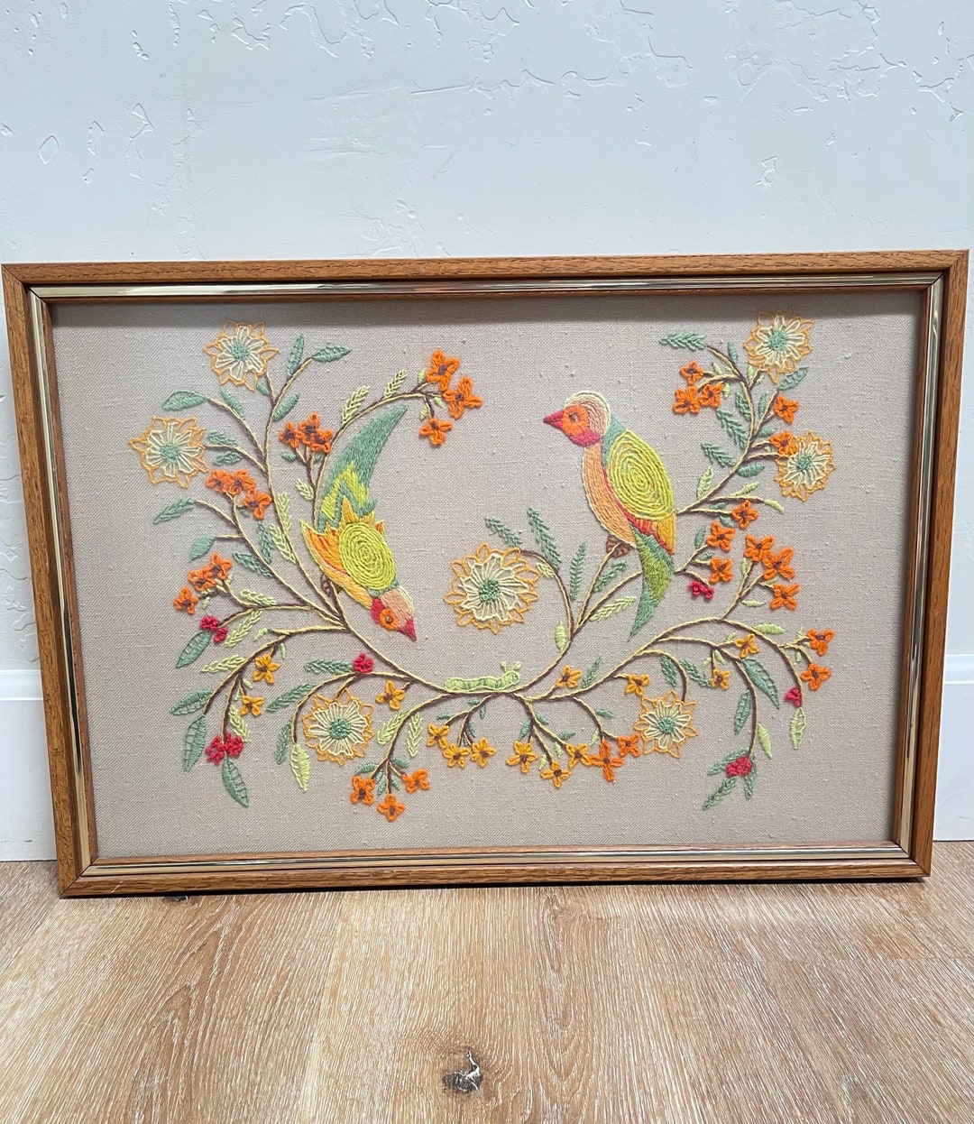 Framed Crewel Birds and Flowers, Vintage Needlework, Floral Crewelwork ...