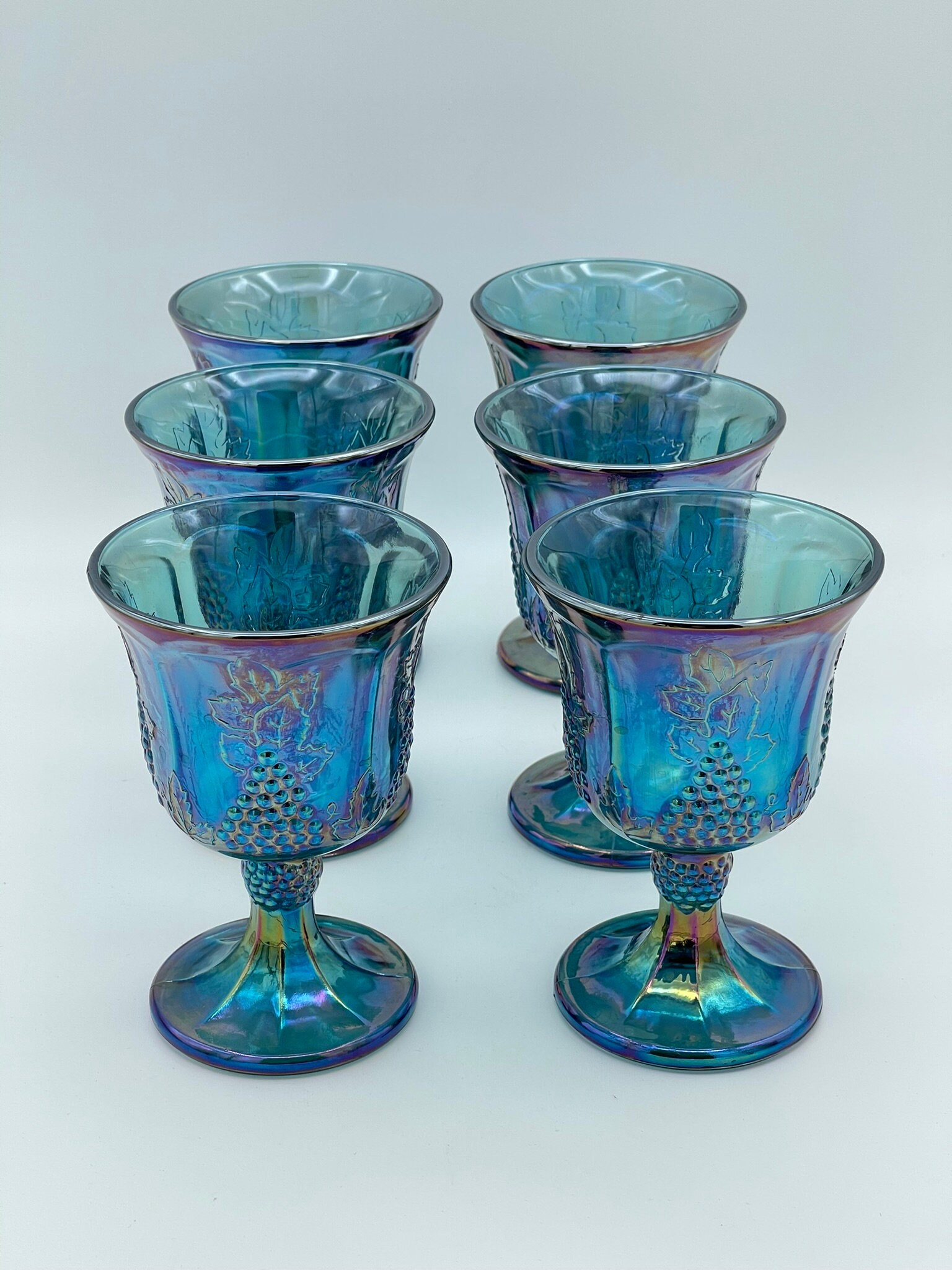 Set of 6 Blue Carnival Glass Goblets. Vintage Indiana Harvest Grape ...