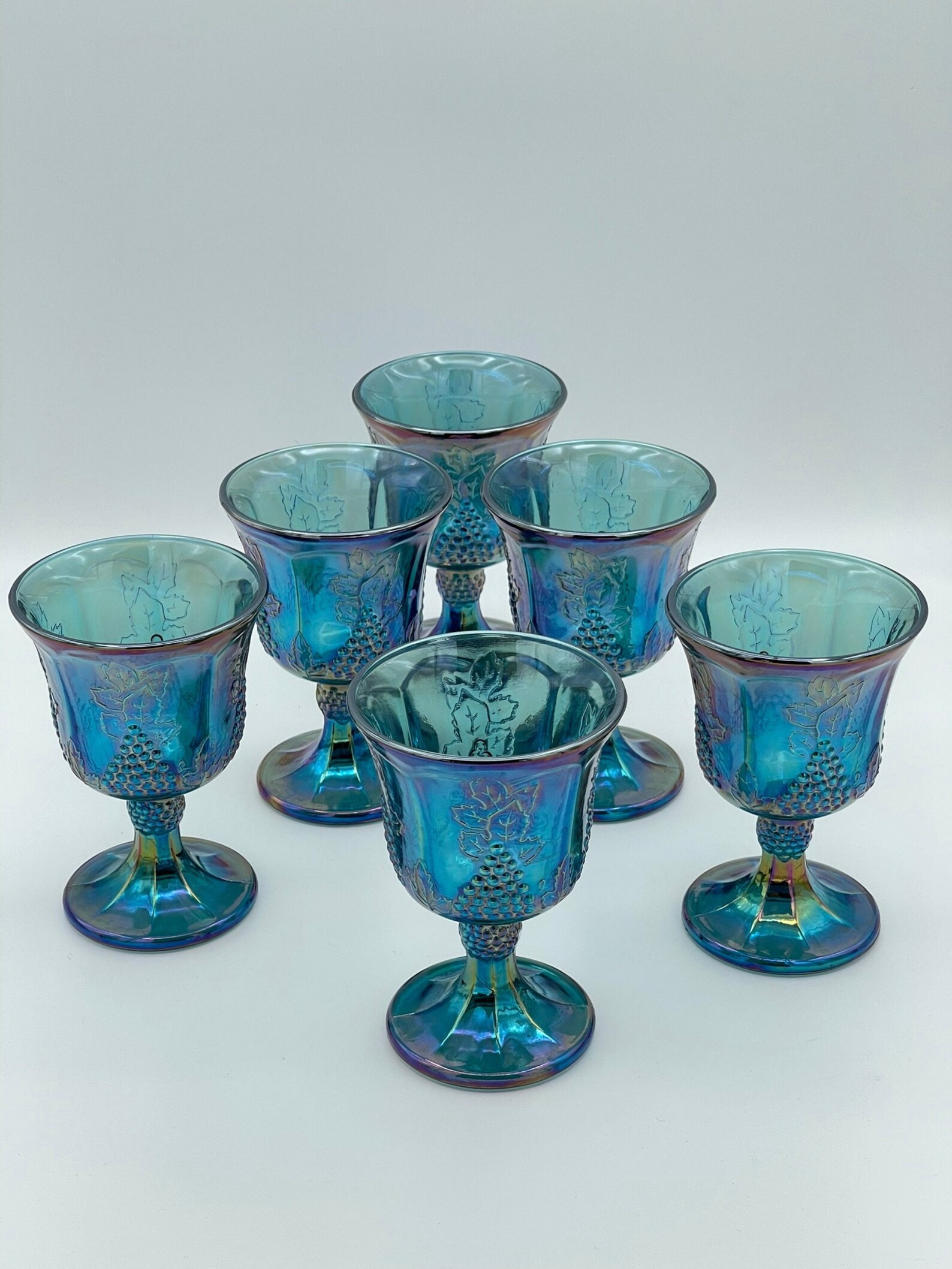 Set of 6 Blue Carnival Glass Goblets. Vintage Indiana Harvest Grape ...