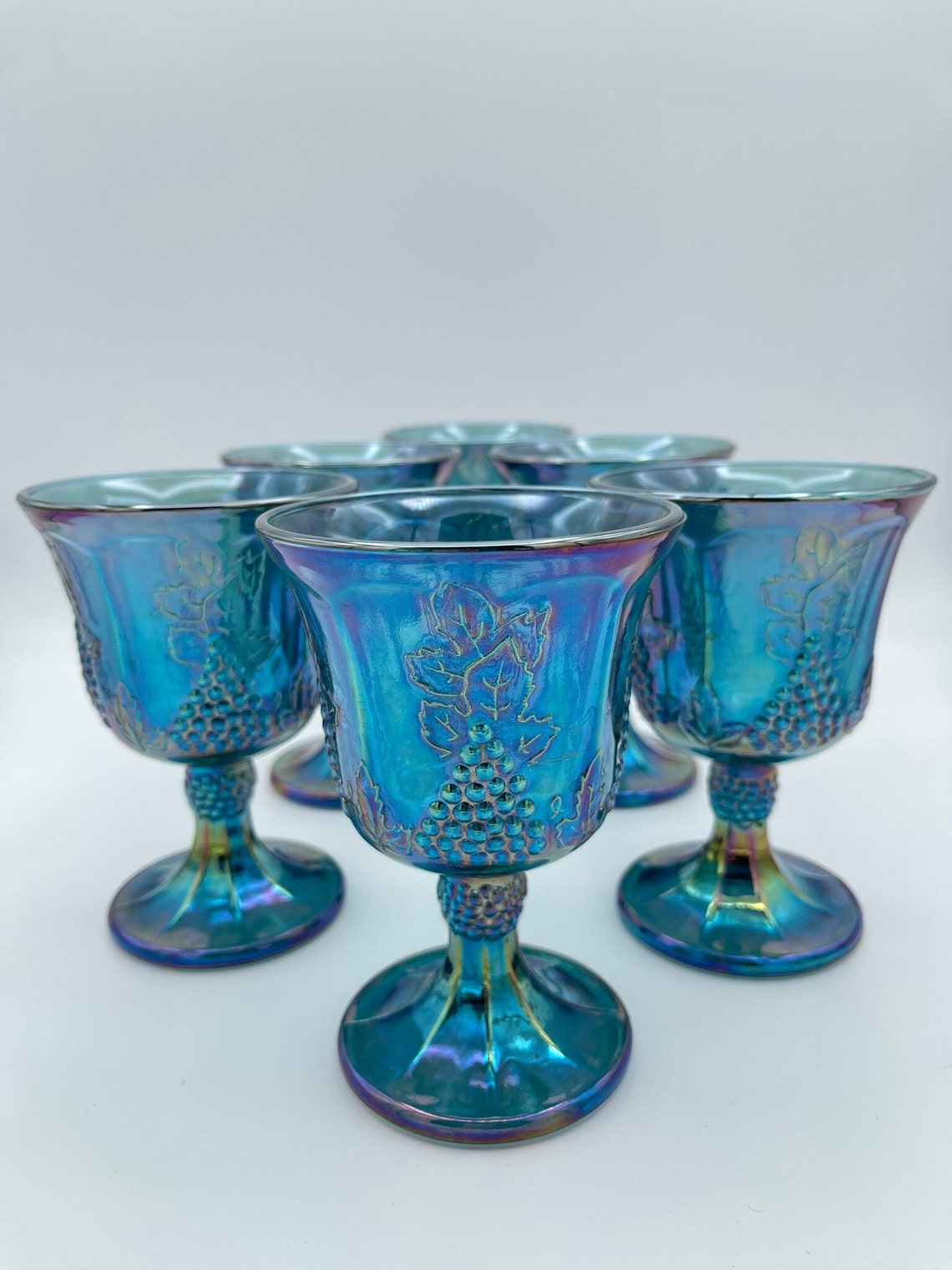 Set of 6 Blue Carnival Glass Goblets. Vintage Indiana Harvest Grape ...