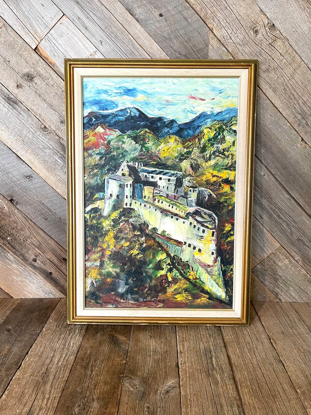 Large Vintage Original French Oil Painting of A Hillside Castle by ...
