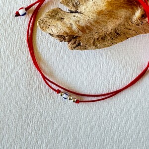 Double Layered Red String Bracelet With Sterling Silver Beads, Blue ...