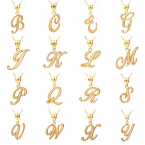 14k or 10k Solid Gold Cursive Initial Necklace, Cursive Initial Pendant ...