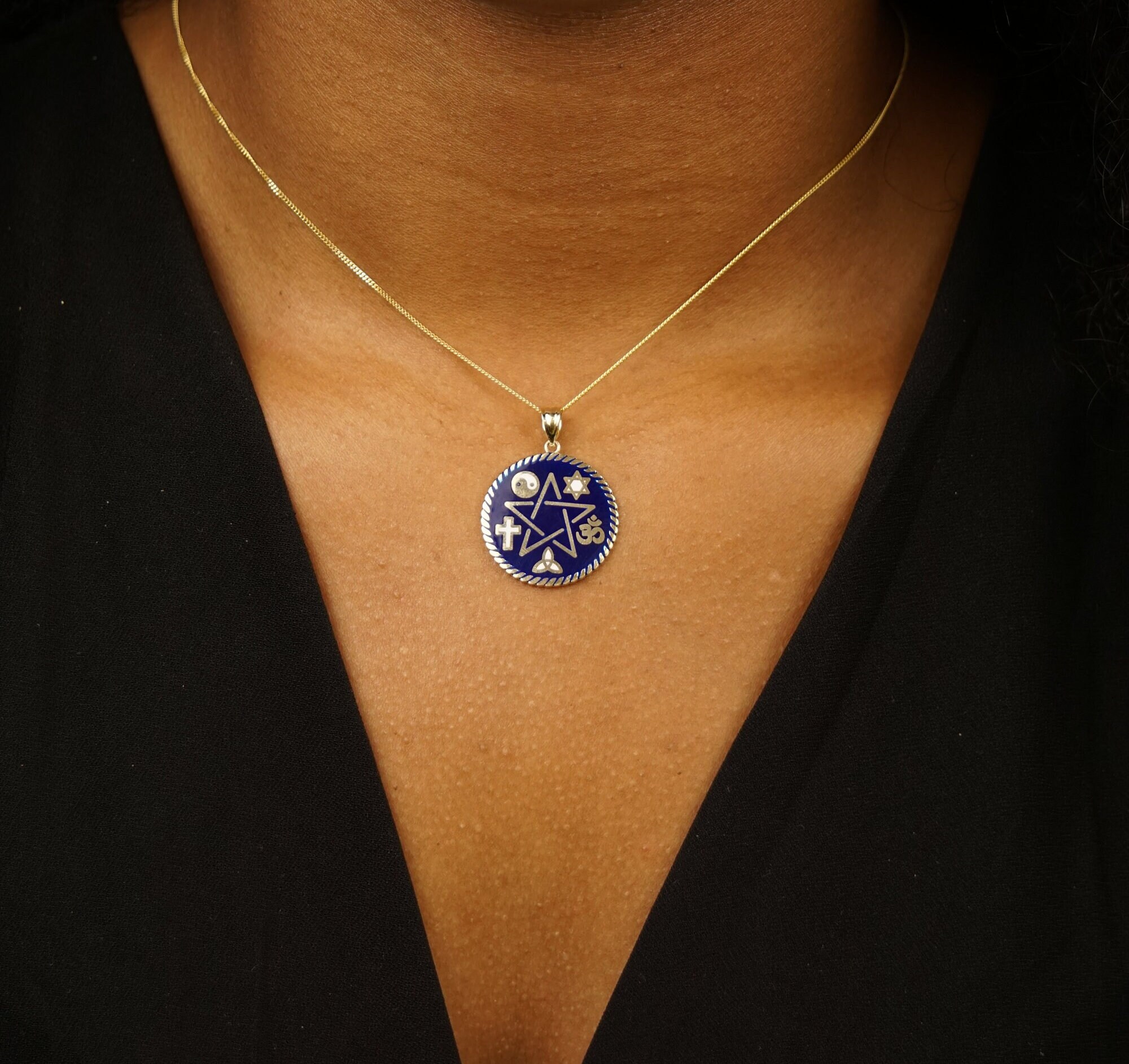 14k Solid Gold Pentagram Pendant With 5 Symbols the Star of David the ...