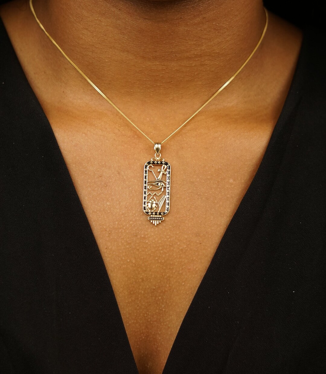 14k Solid Gold - Egyptian Symbols Pendant - Egyptian Sceptre, Ankh, Ra ...