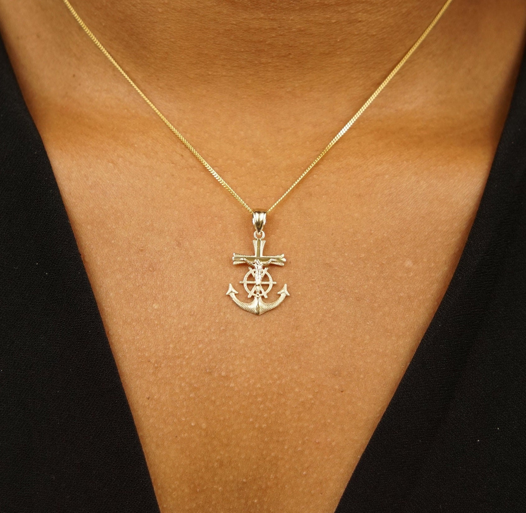 14k Solid Gold Anchor Cross Pendant, Crucifix Scene Mariners Cross ...