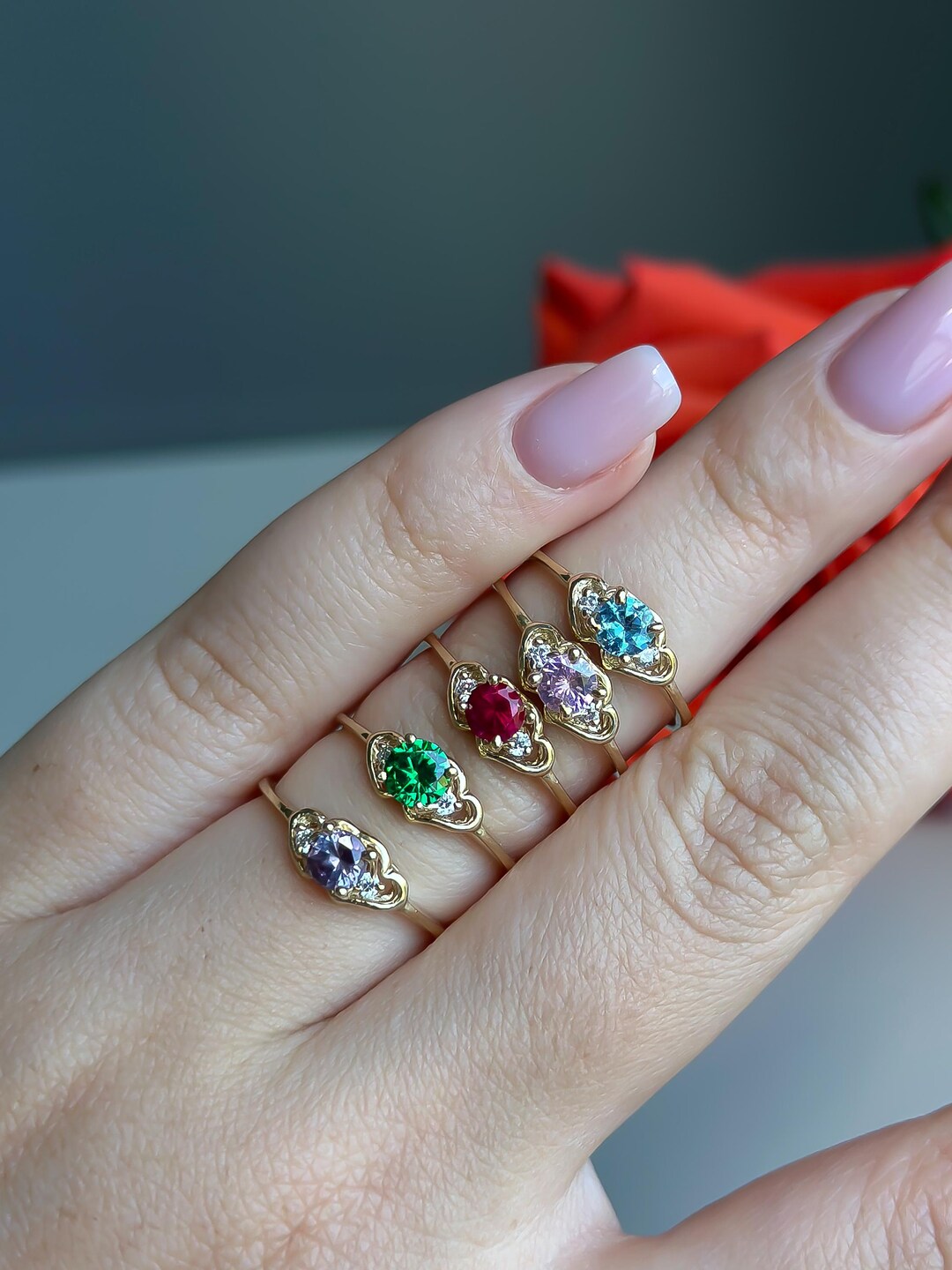 14k Solid Gold Round Shaped Color Stone Set on a Dainty Ring With Cubic ...