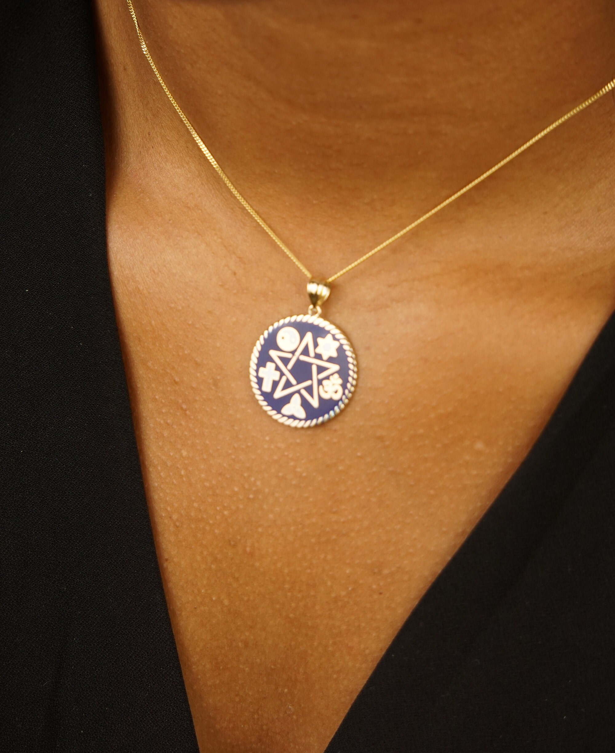 14k Solid Gold Pentagram Pendant With 5 Symbols the Star of David the ...
