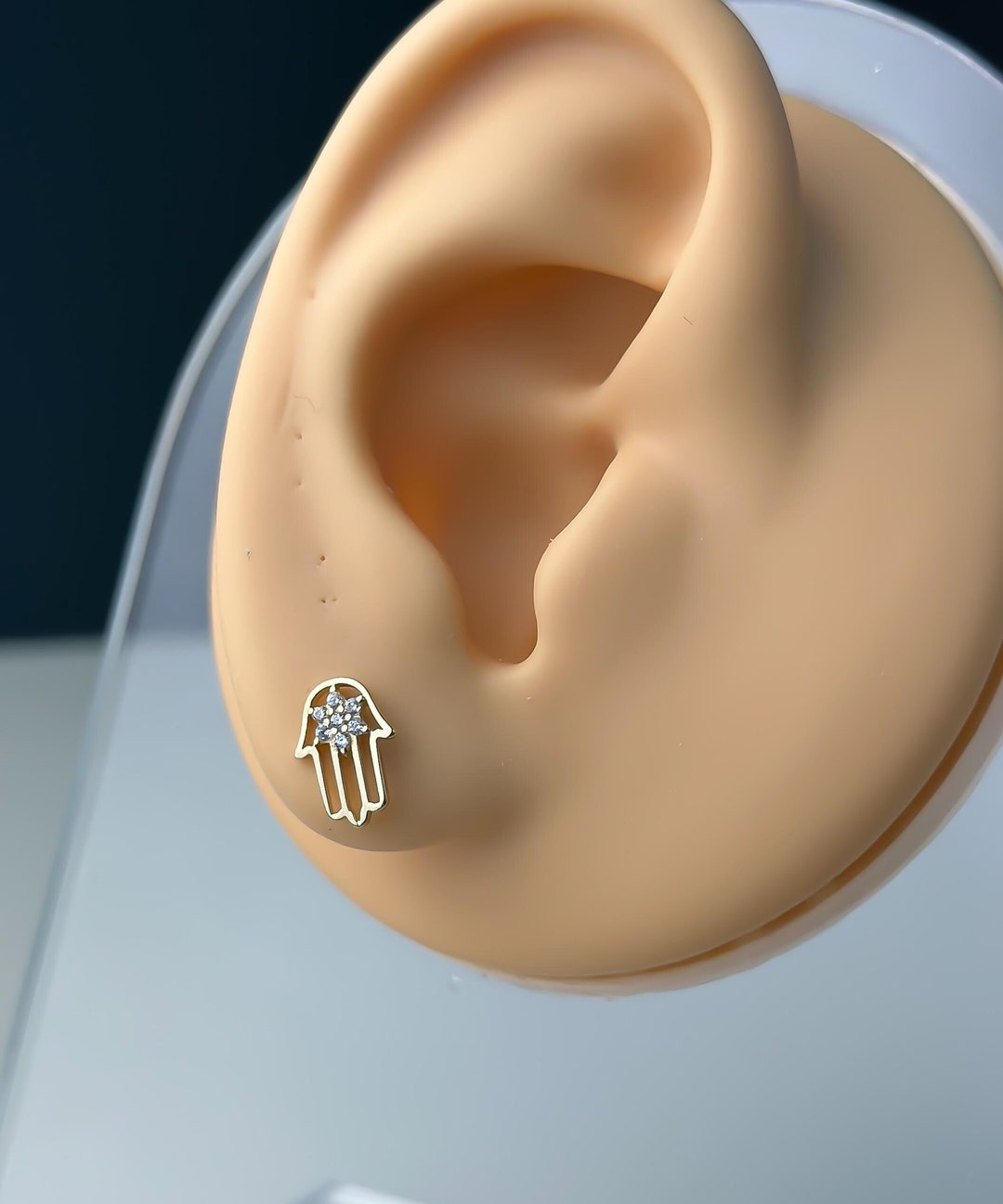 14k Solid Gold hamsa Hand With Cubic Zirconia Flower, Studs Earrings Made in Italy, Gift for ...