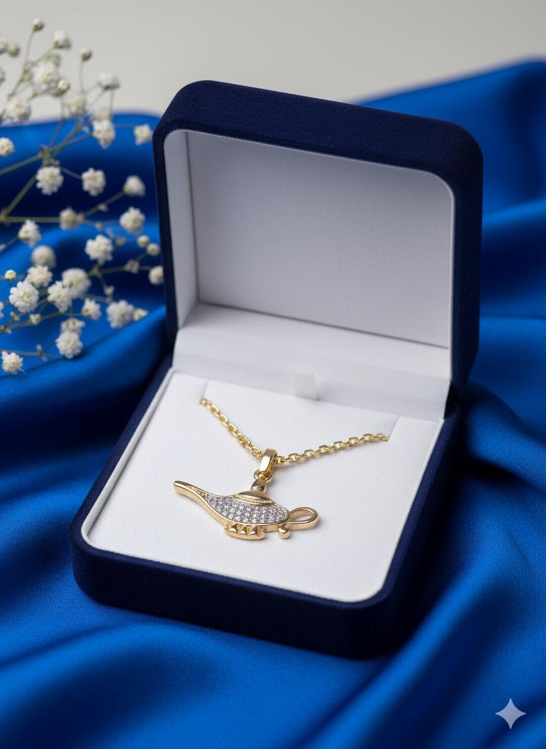14k Solid Gold Genie Lamp Necklace With Cubic Zirconia - Yellow Gold ...
