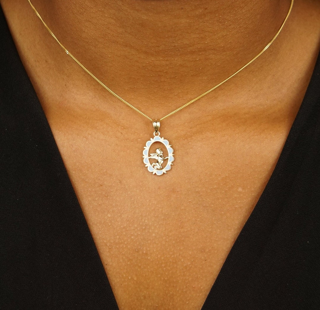 14k Solid Gold Baby Angel Pendant: Light Blue Oval Medal - Etsy