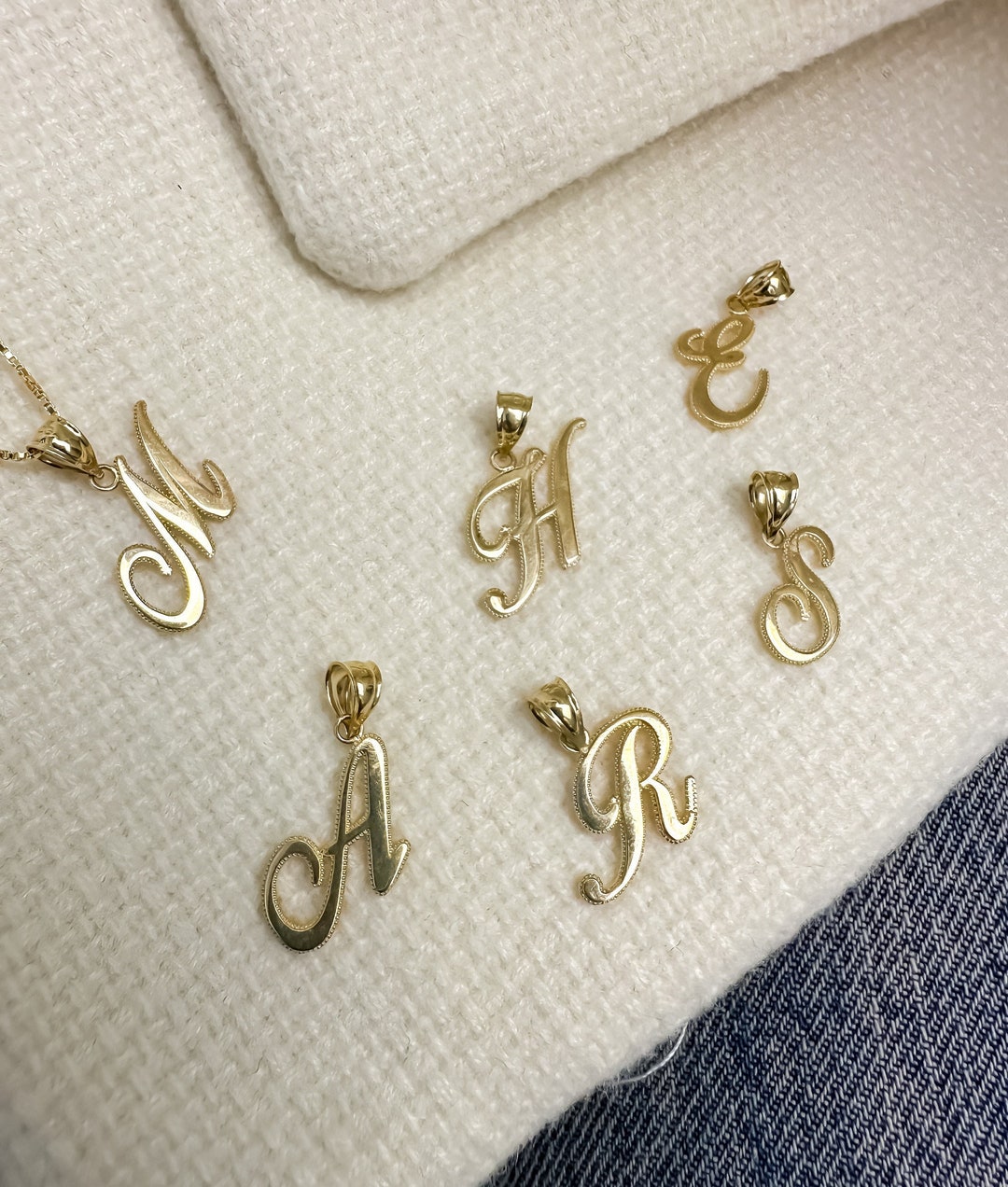 14k or 10k Solid Gold Cursive Initial Necklace, Cursive Initial Pendant ...