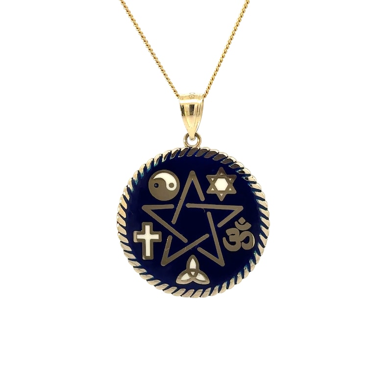 14k Solid Gold Pentagram Pendant With 5 Symbols the Star of David the ...