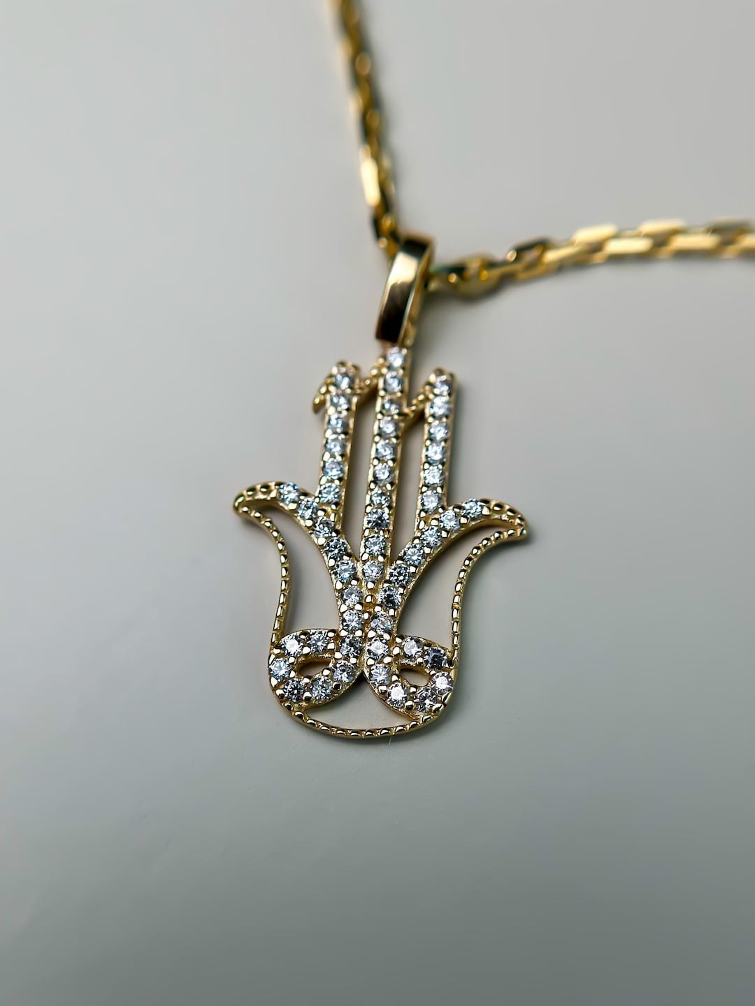 14k Solid Gold Hamsa Hand Pendant Necklace With Cubic Zirconia - Etsy