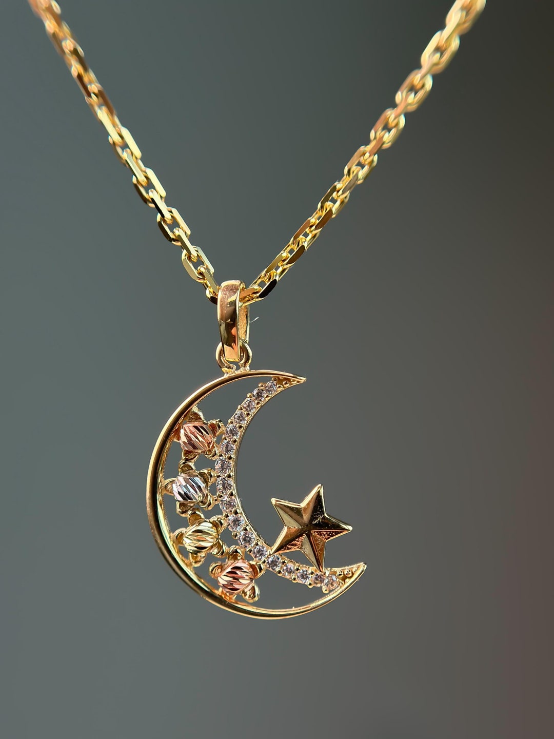14k Solid Gold Tri-color Moon & Star CZ Pendant Necklace - Etsy