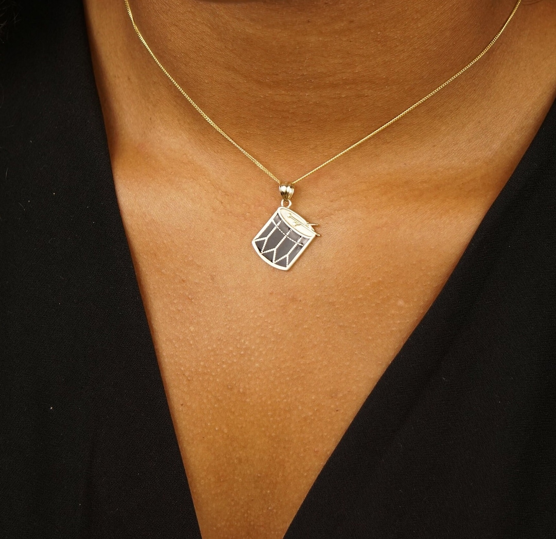 14k Solid Gold - Drums Pendant, Details Contrasted With Black Enamel ...
